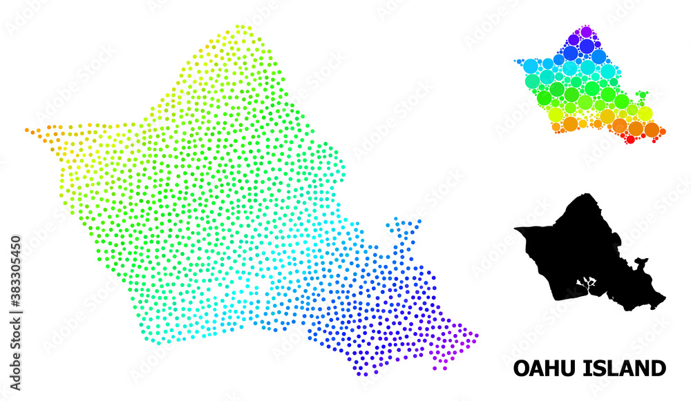 Dotted bright spectral, and solid map of Oahu Island, and black name ...