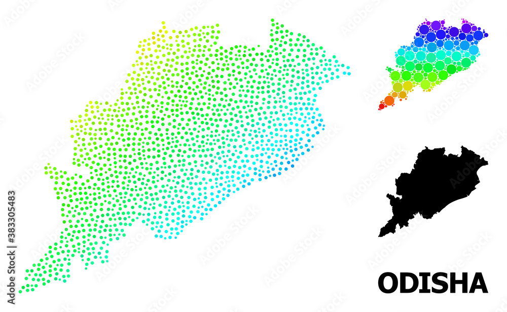 Dotted spectral, and monochrome map of Odisha State, and black tag ...