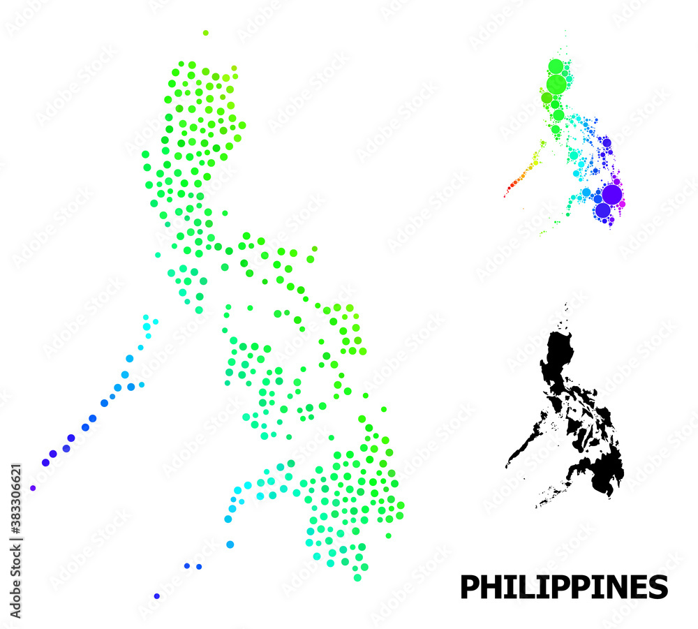 Pixel rainbow gradient, and monochrome map of Philippines, and black ...