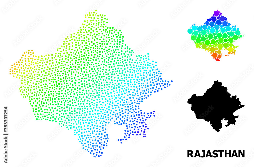 Dot spectrum, and monochrome map of Rajasthan State, and black caption ...