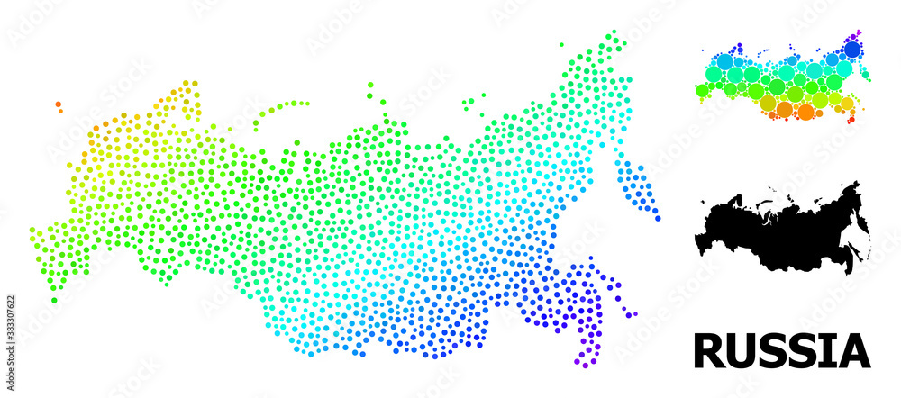 Pixelated spectral, and monochrome map of Russia, and black title ...