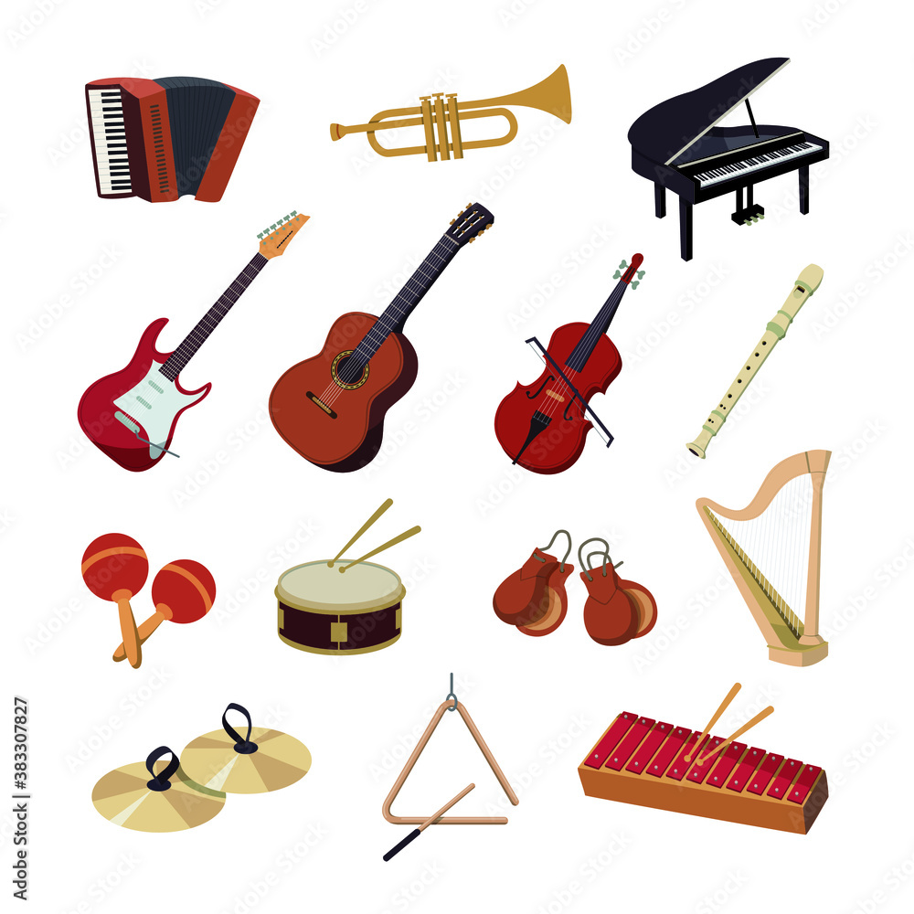 Instrumentos musicales. Guitarra, batería, piano, trompeta, violín ...