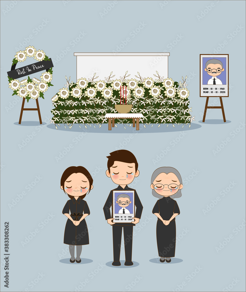 cute cartoon of a member of an Asian Family in a Funeral ceremony Stock ...