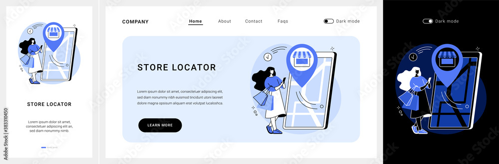 Store locator website UI kit. GPS navigation, online map, store ...