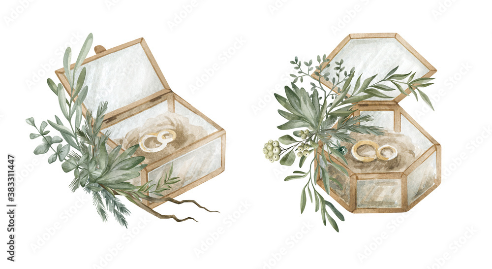 Watercolor wedding box with rings and green foliage. Wedding ceremony ...