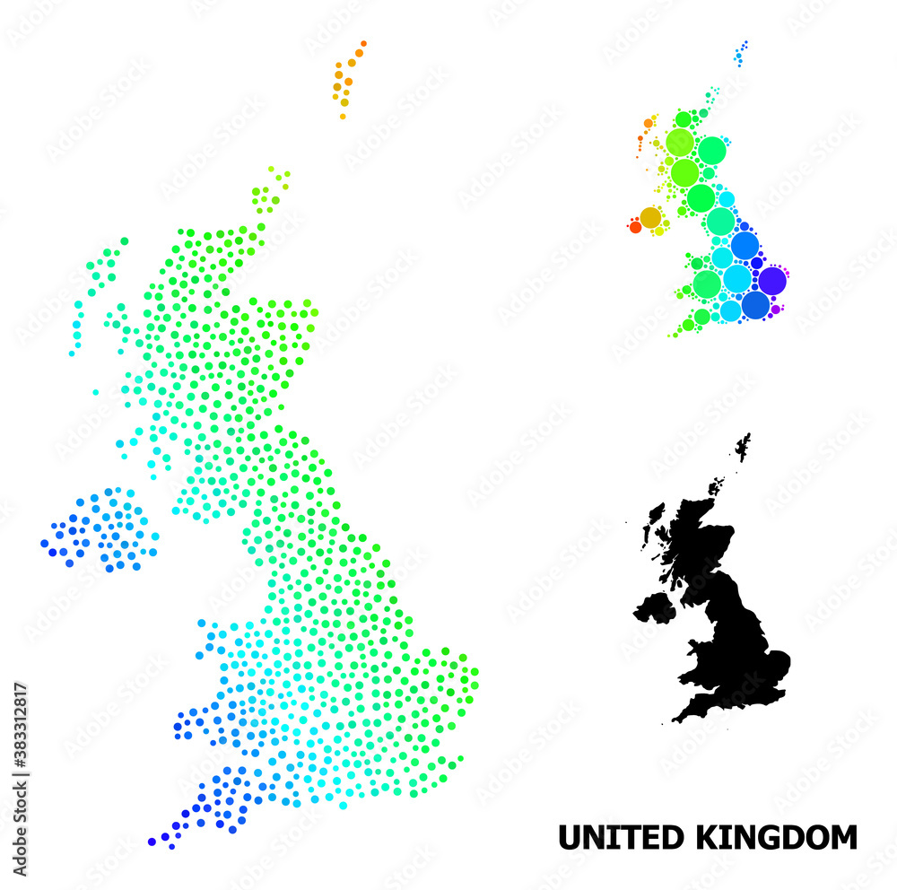 Dot bright spectral, and monochrome map of United Kingdom, and black ...