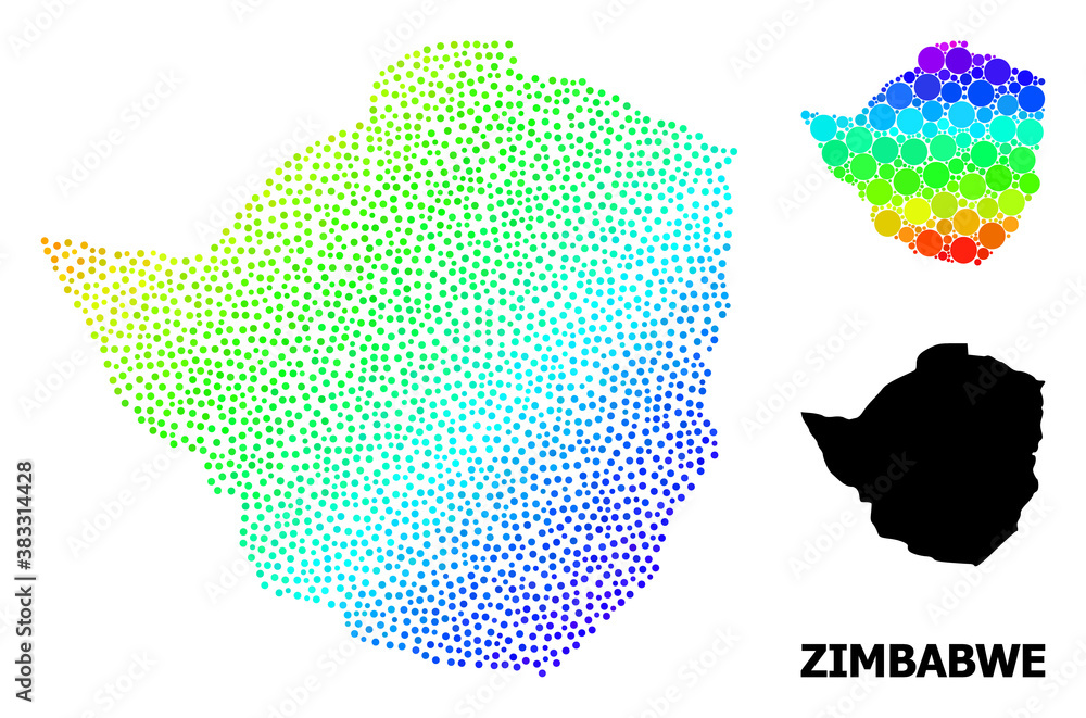 Pixel bright spectral, and monochrome map of Zimbabwe, and black name ...
