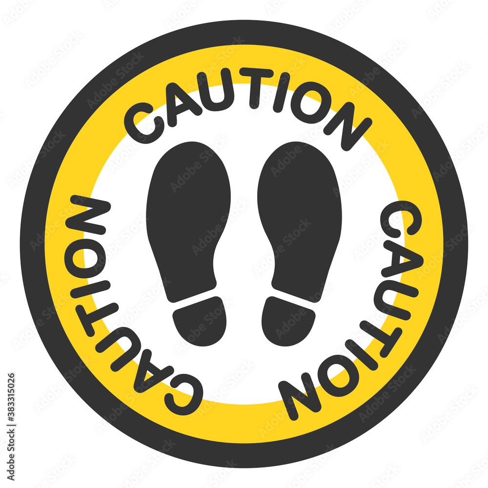 Yellow caution signs for indicate standing position, Keep zone and set ...