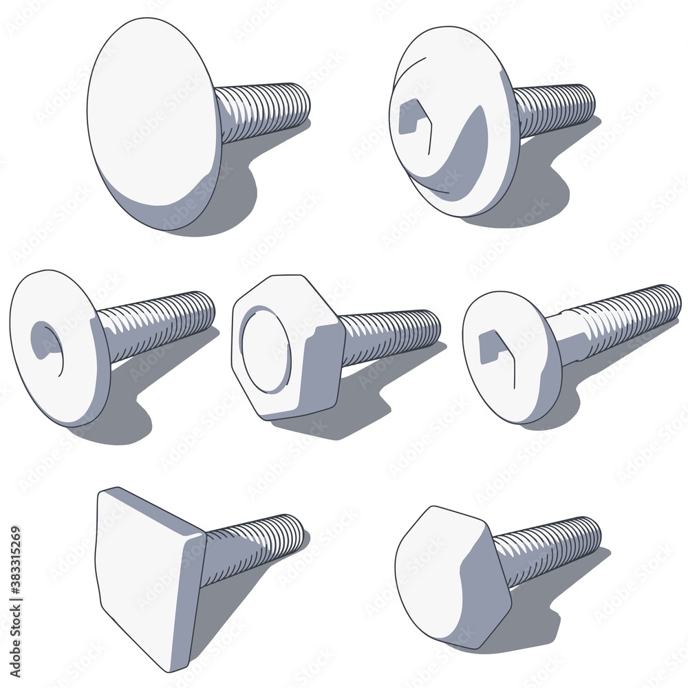 steel long bolts hardware collection with shadow from the left top view ...