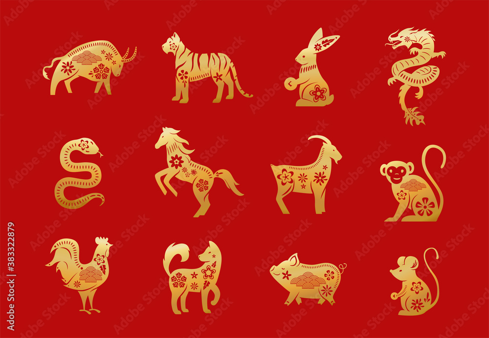 Chinese zodiac animals. Twelve asian new year golden characters set ...