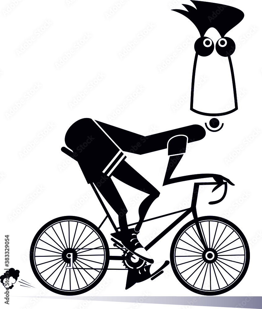 Cartoon man rides a bike illustration. Funny man rides a bike and looks ...