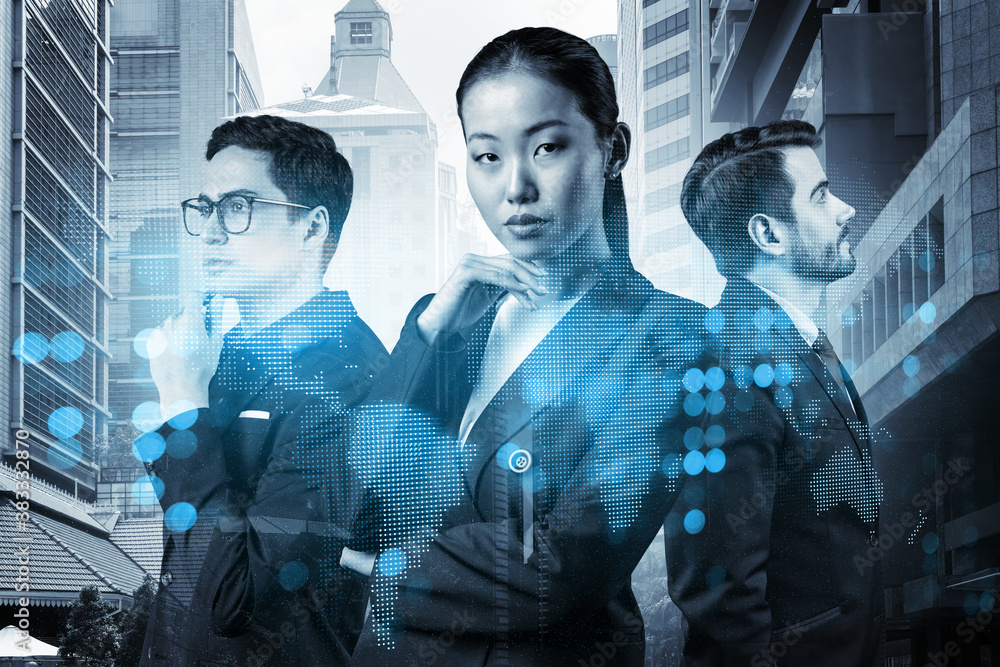 Group of SMM specialists working on social media marketing strategy to achieve business goals ...