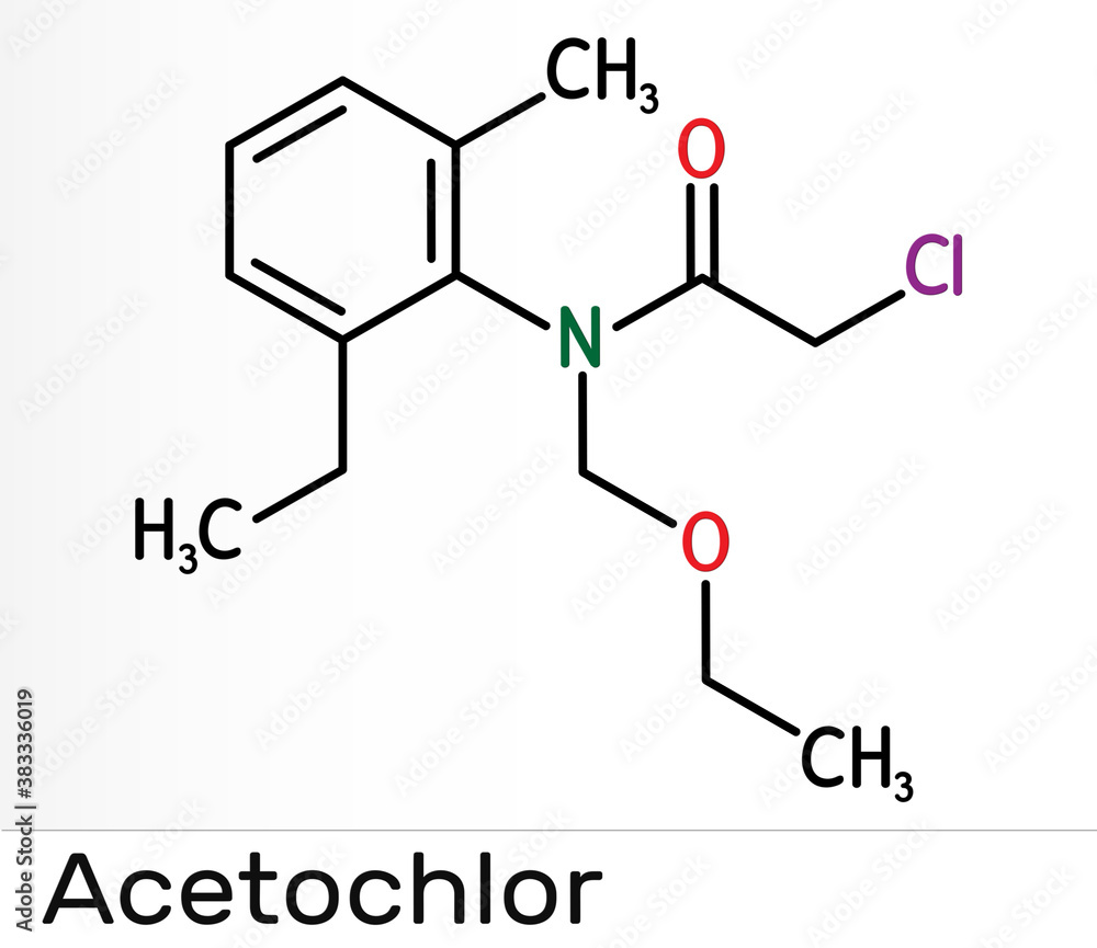 Acetochlor molecule. It is chloroacetanilide, herbicide, a xenobiotic ...