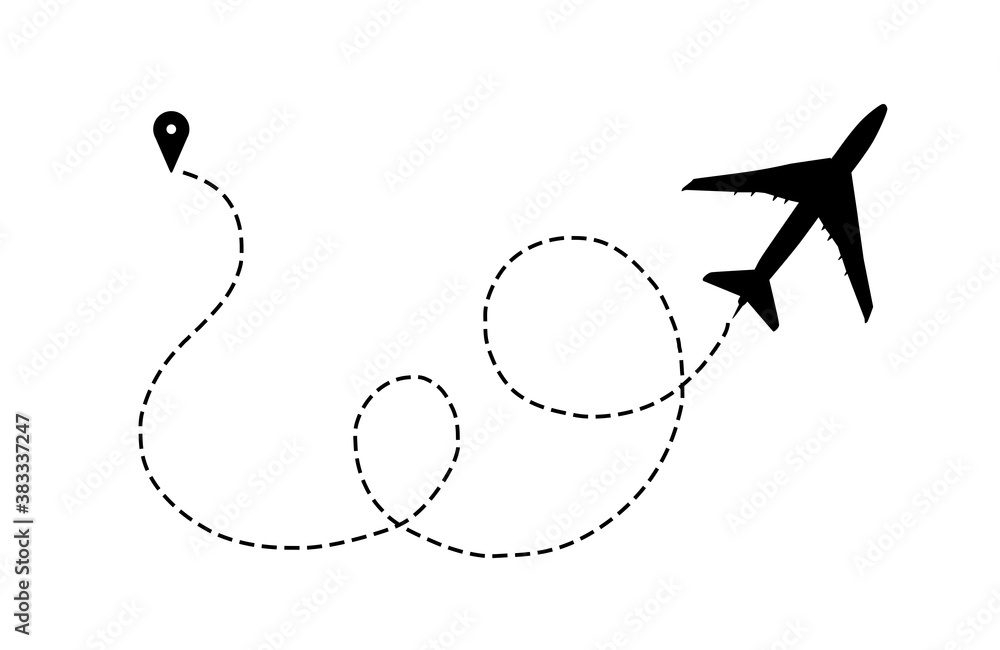 Flight direction illustration. Plane silhouette and pin connected by ...