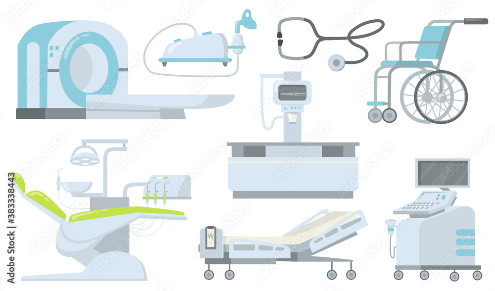 Clinic and hospital medical devices flat item set. Cartoon equipment ...