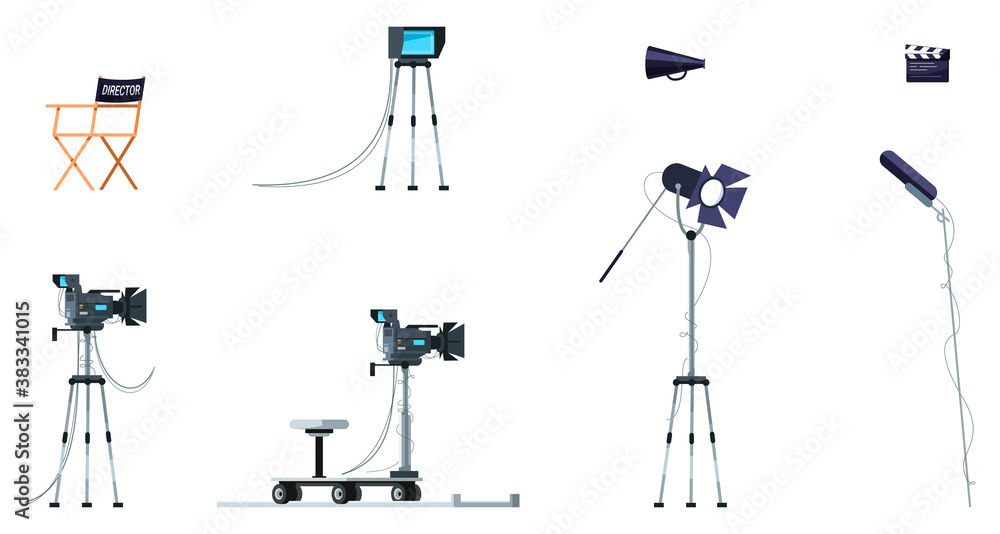 Movie equipment semi flat RGB color vector illustration set. Film ...