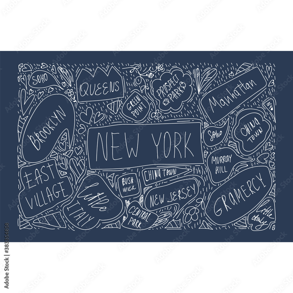 Hand-drawn illustration of a map of new York city on a black background ...