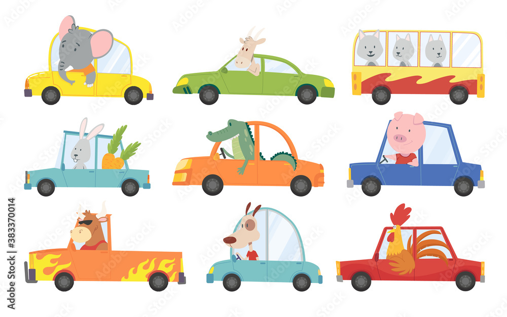 Colored set of kids transport with cute little animals driving car ...