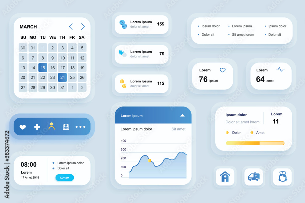 GUI elements for medicine mobile app. Online medical services in clinic ...
