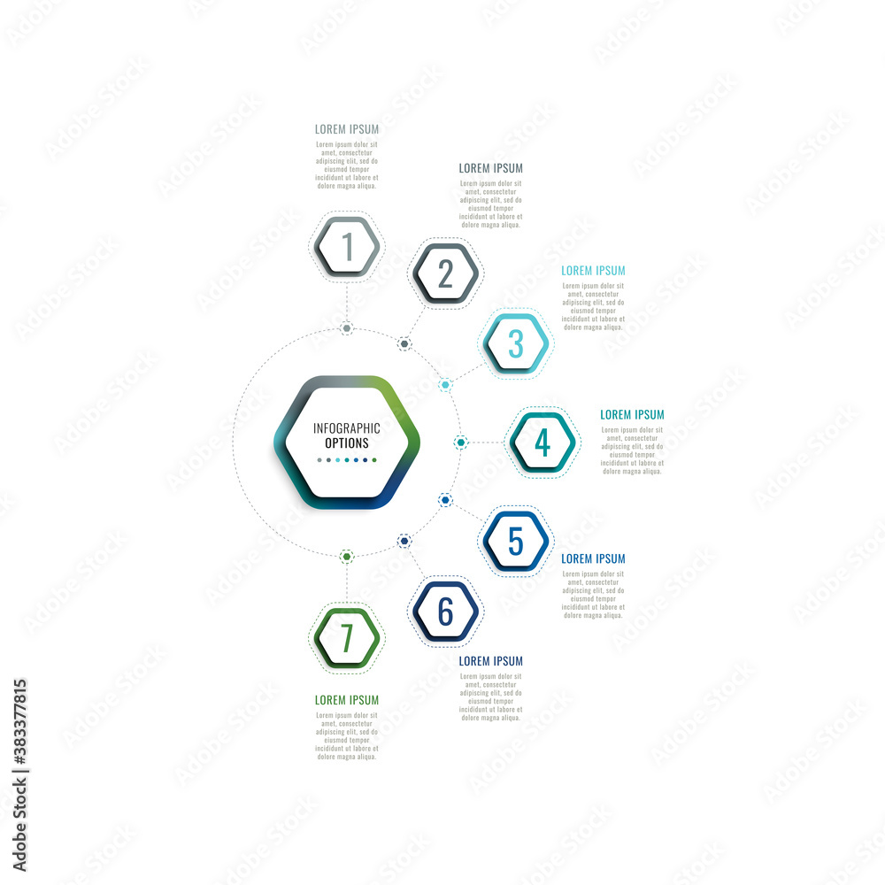 Infographic template with seven hexagonal elements and text boxes on a ...