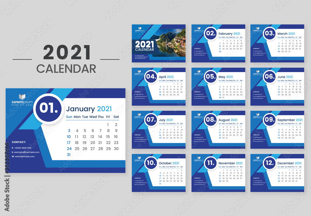2021 Blue Desk Calendar for Tea Table Stock Template | Adobe Stock