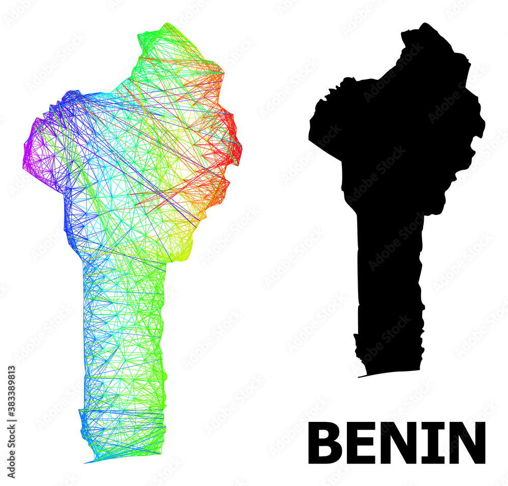 Wire frame and solid map of Benin. Vector model is created from map of ...