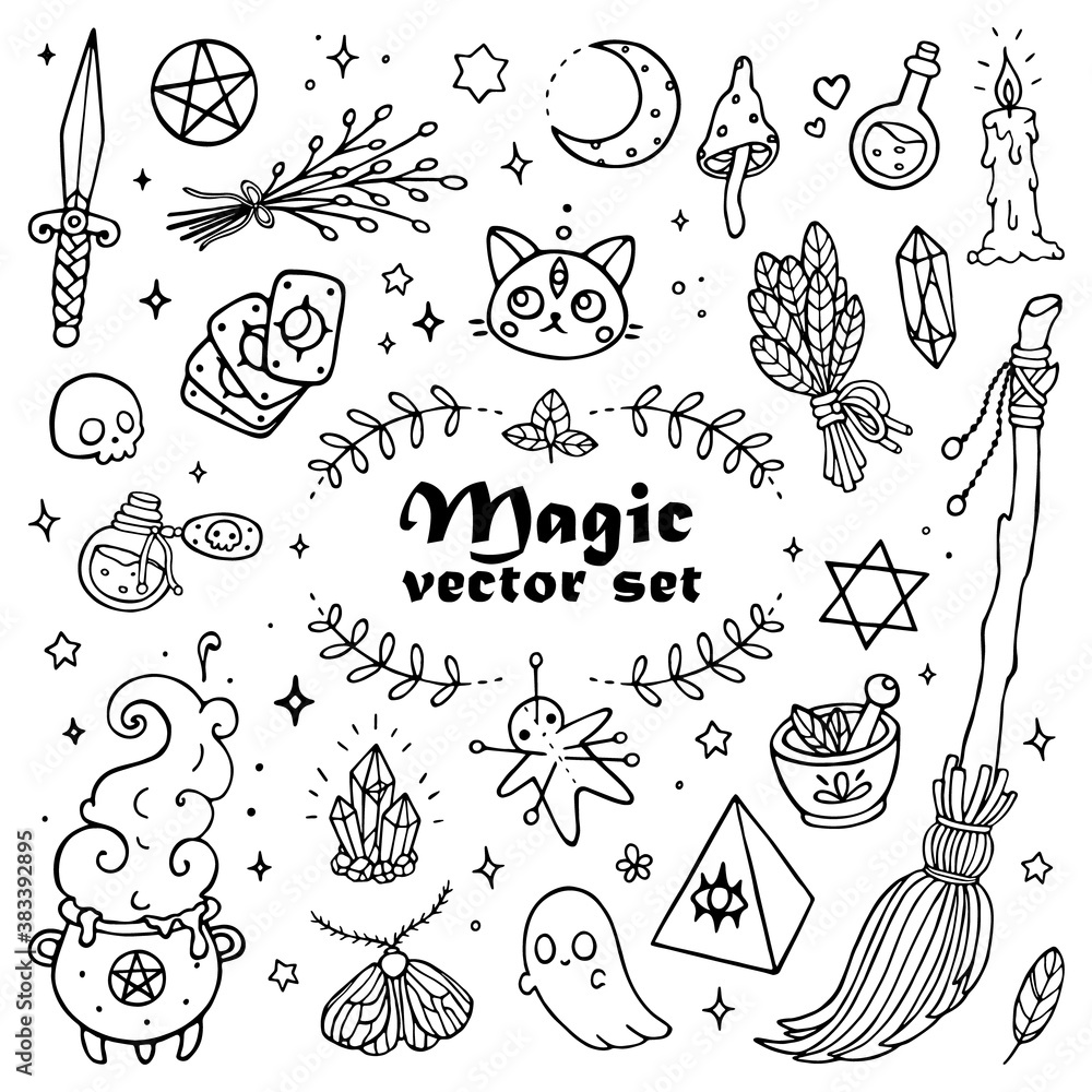 Modern magic set with witchcraft elements. Hand-drawn vector outline ...