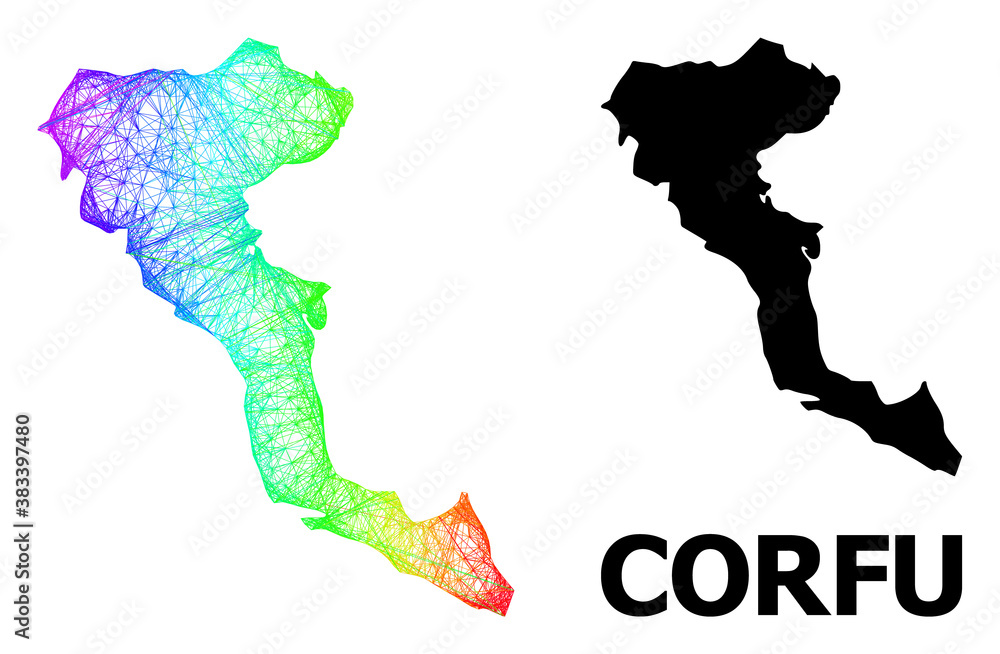 Wire frame and solid map of Corfu Island. Vector structure is created ...