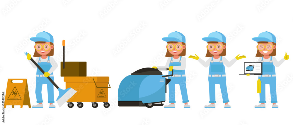 Professional janitor girl kid vector character design. Presentation in ...