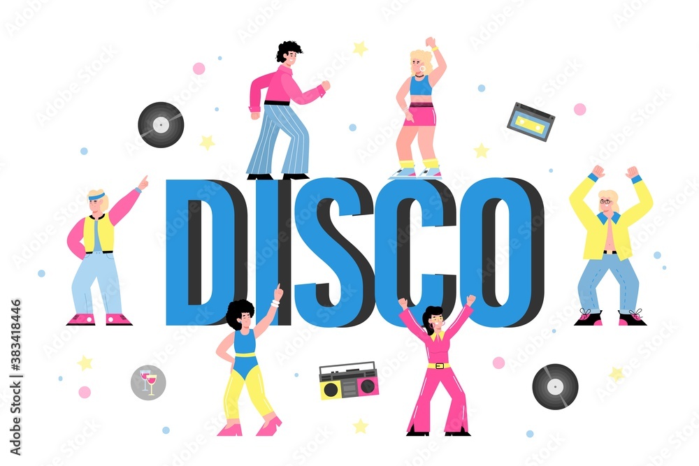 Disco big inscription and dancing people cartoon characters flat vector ...