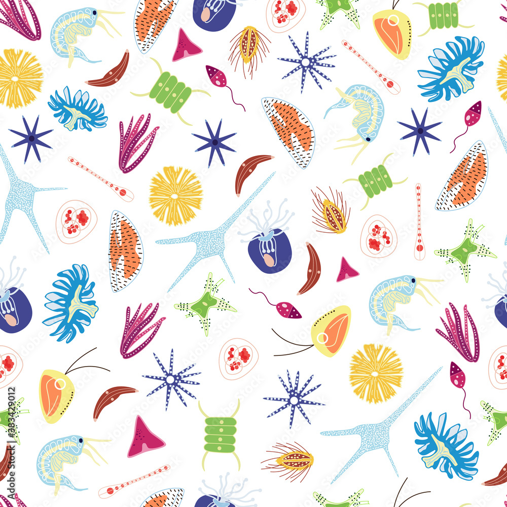 Sea plankton organisms - seamless pattern with cartoon creatures Stock ...