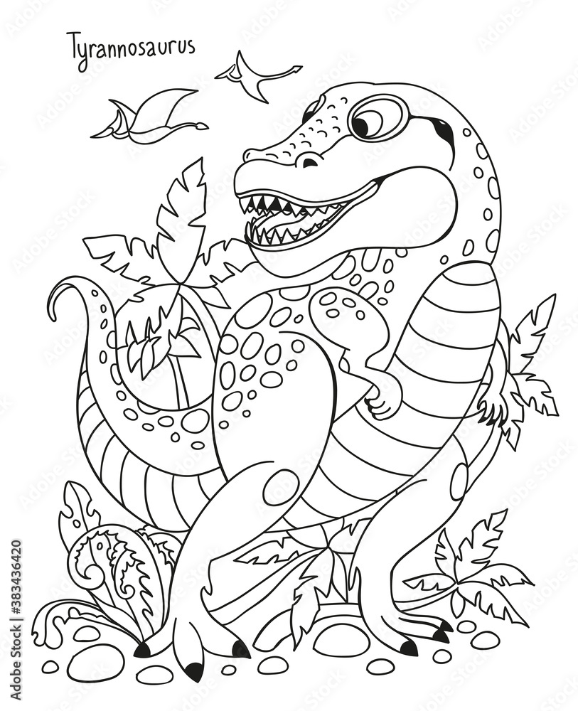 Black and white vector illustration for kids coloring book. Dinosaur ...