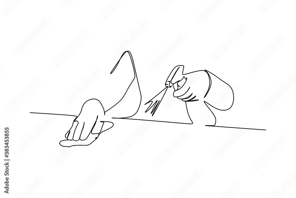 People cleaning the desk using sprayer and rag. Continuous One line ...