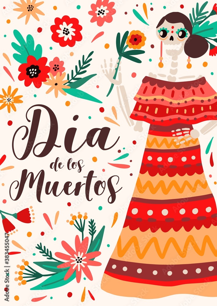 Holiday poster with hispanic woman skeleton in dress. Dia de los ...