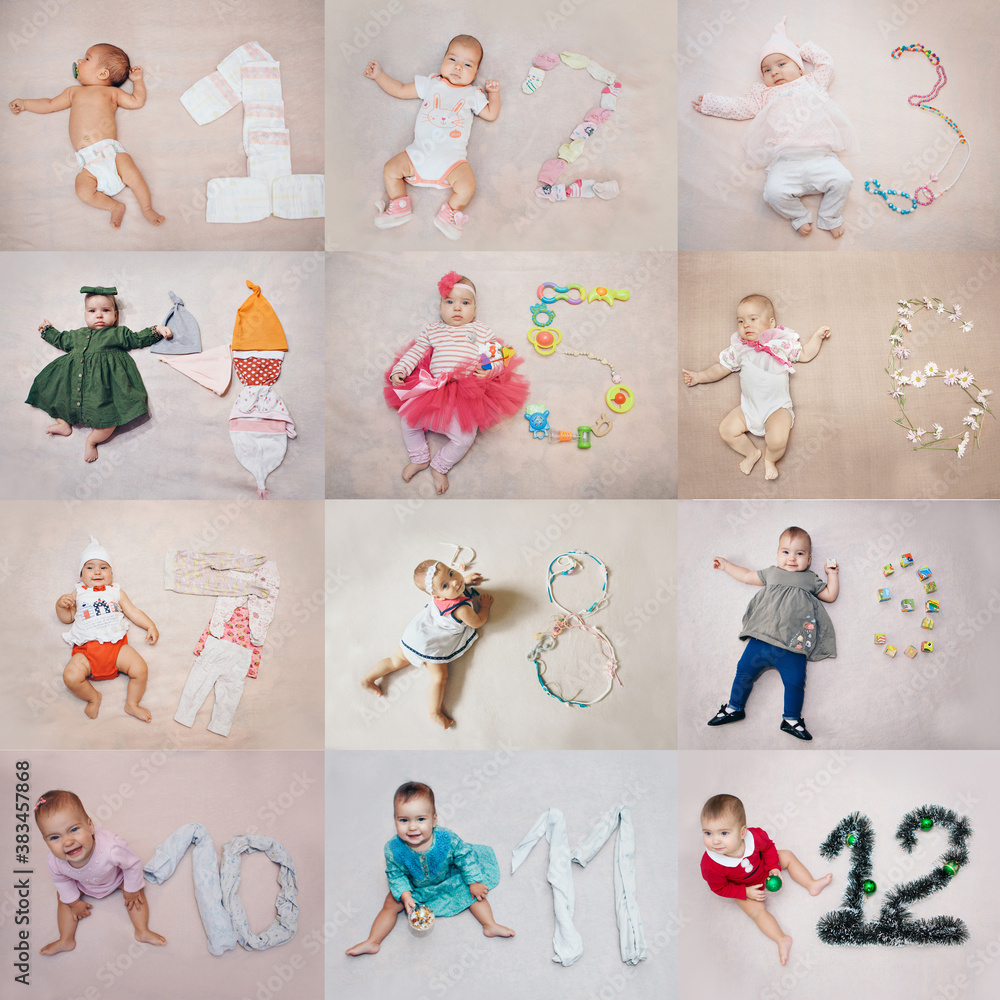 collage of children's photos: the concept of growing up by month step ...