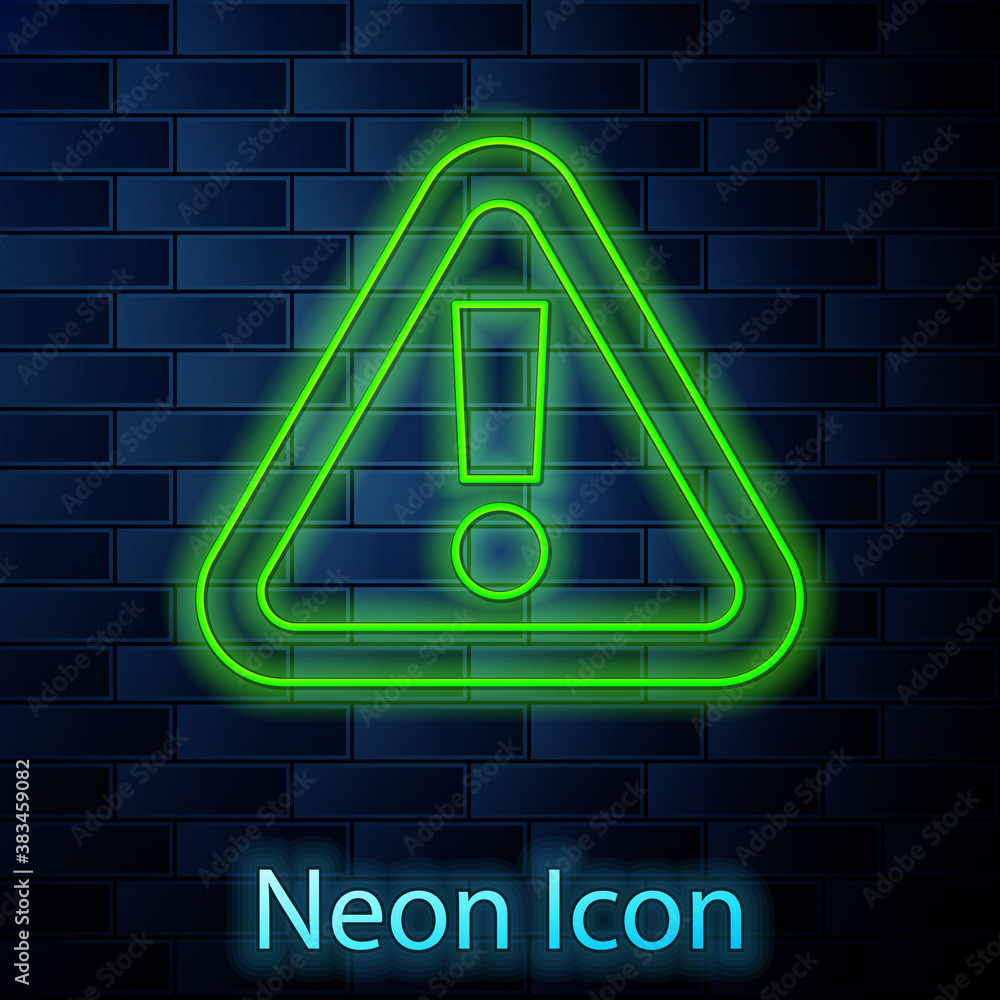 Glowing neon line Exclamation mark in triangle icon isolated on brick ...