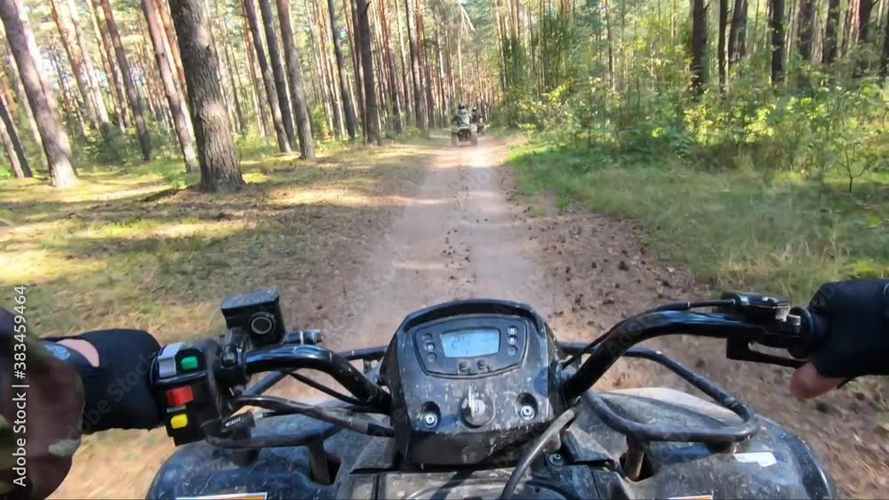 Quad bike ride on the road through sunny summer forest. First-person ...