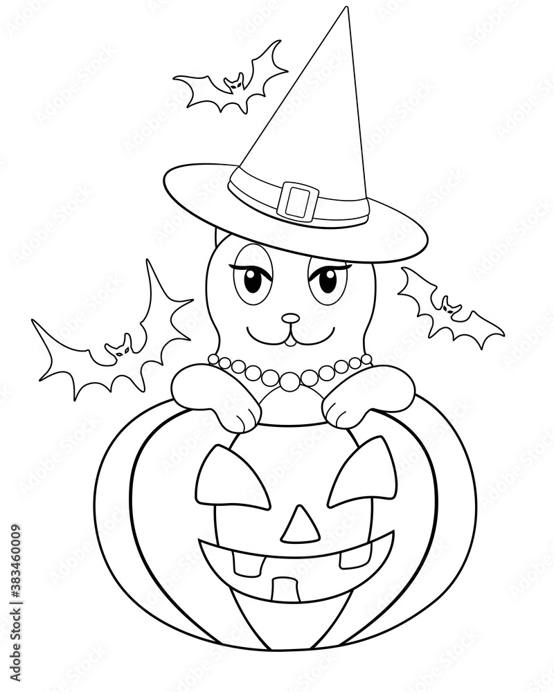 Cat - witch celebrates Halloween - vector linear illustration for ...