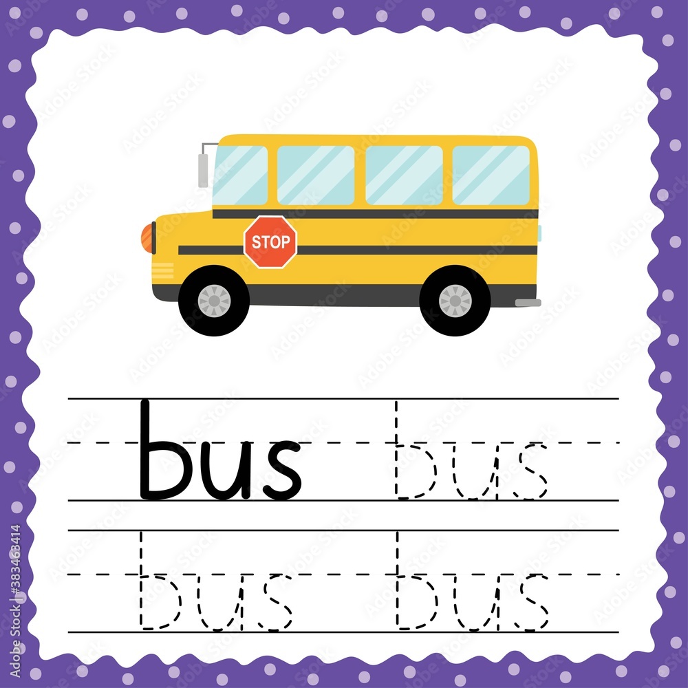 Trace word - Bus flash card for toddlers. Tracing practice worksheet ...