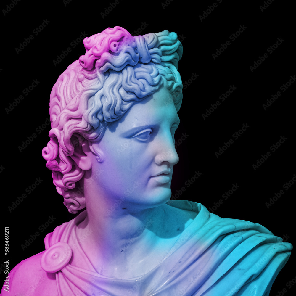 Statue of of Apollo God of Sun. Creative concept colorful neon image ...