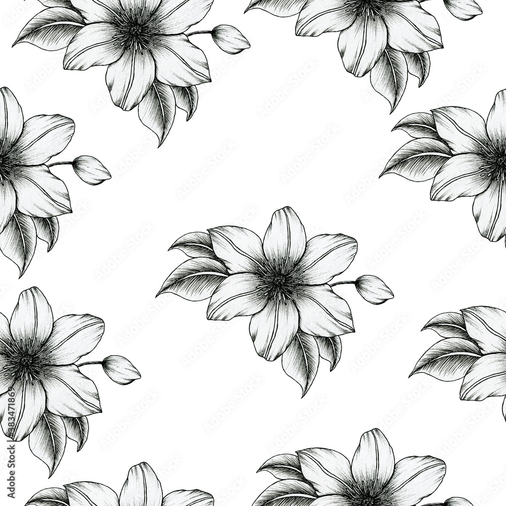 beautiful black and white floral seamless pattern, hand drawn vintage ...