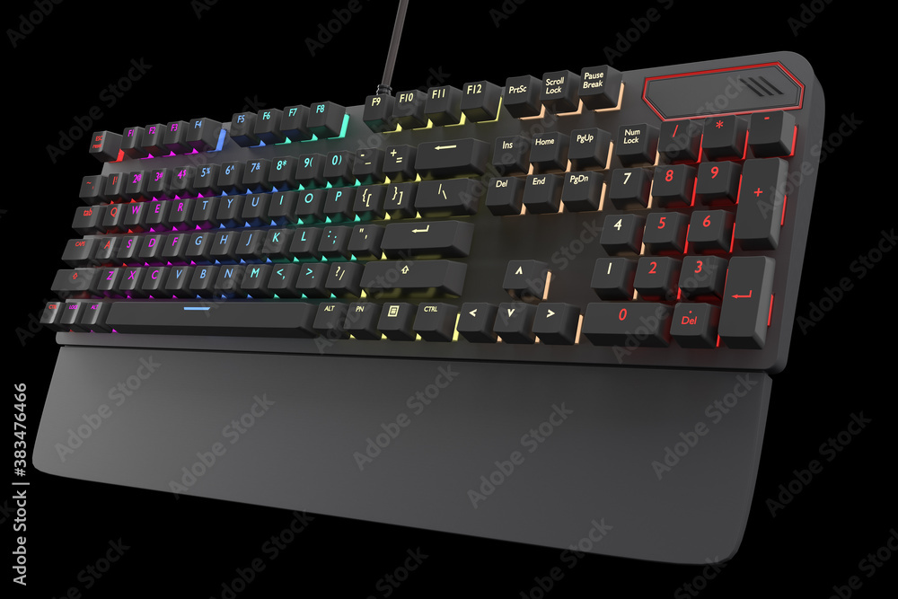 Black computer keyboard with rgb color isolated on black with clipping ...