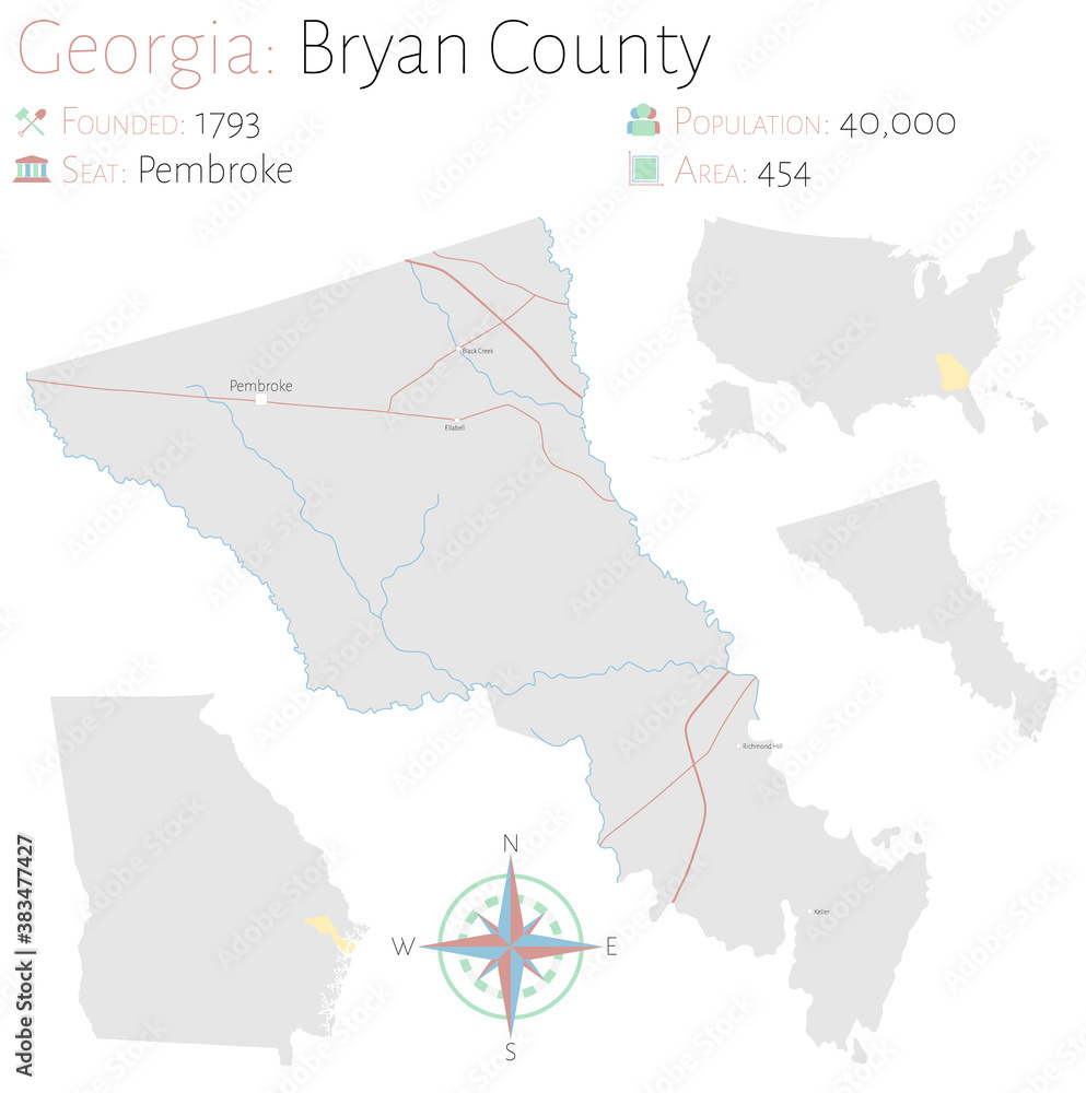 Large and detailed map of Bryan county in Georgia, USA. Stock Vector ...