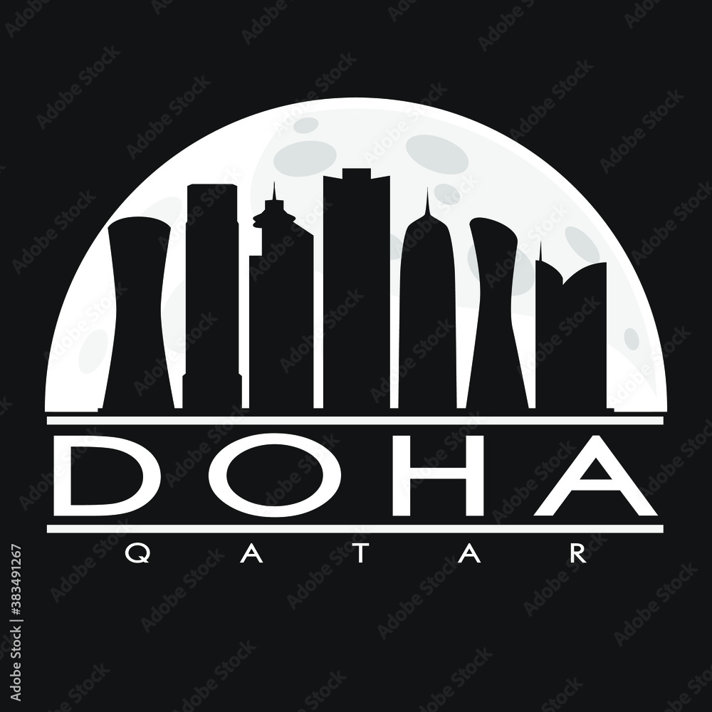 Doha Qatar Full Moon Night Skyline Silhouette Design City Vector Art ...