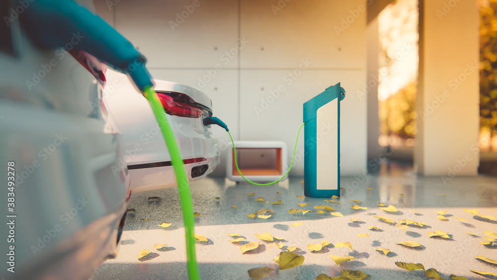 Pollution free car Electric Vehicle inside a modern home, green energy ...