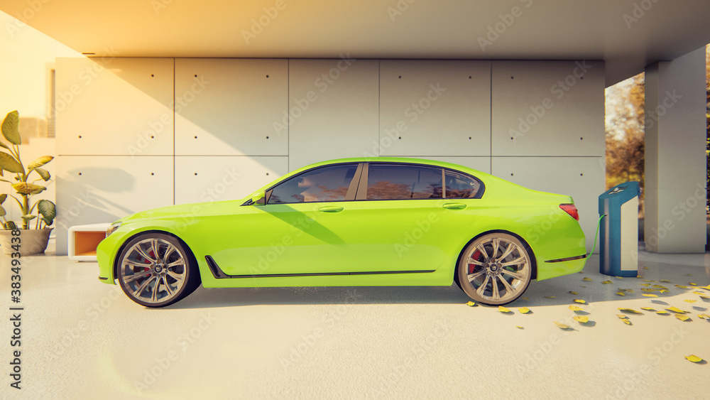 Pollution free car Electric Vehicle inside a modern home, green energy ...