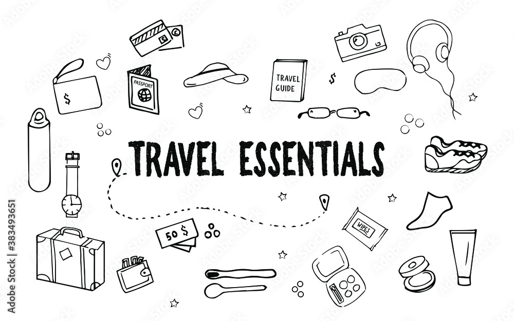 Hand drawn travel essential vector in doodle style white background ...