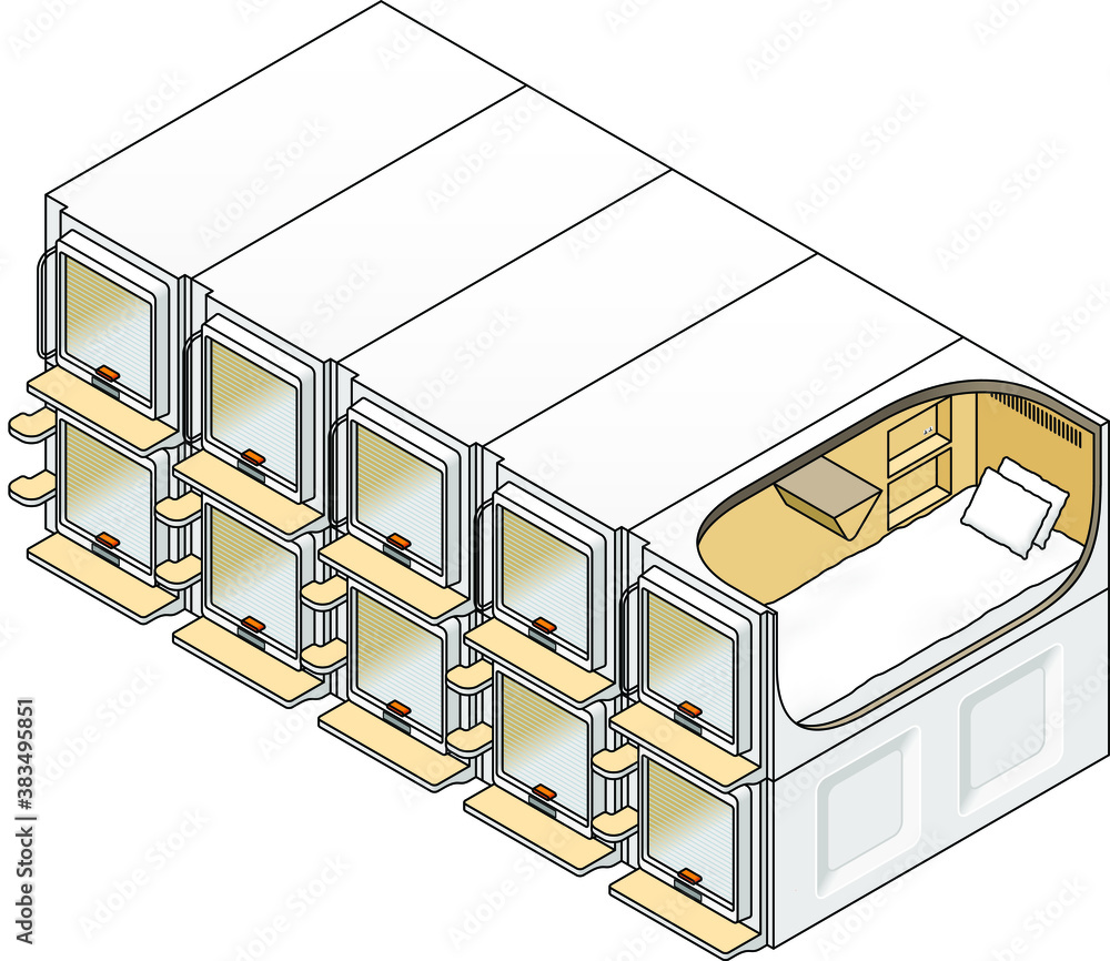 A stack of capsule hotel capsules. One is cut open to show the interior ...