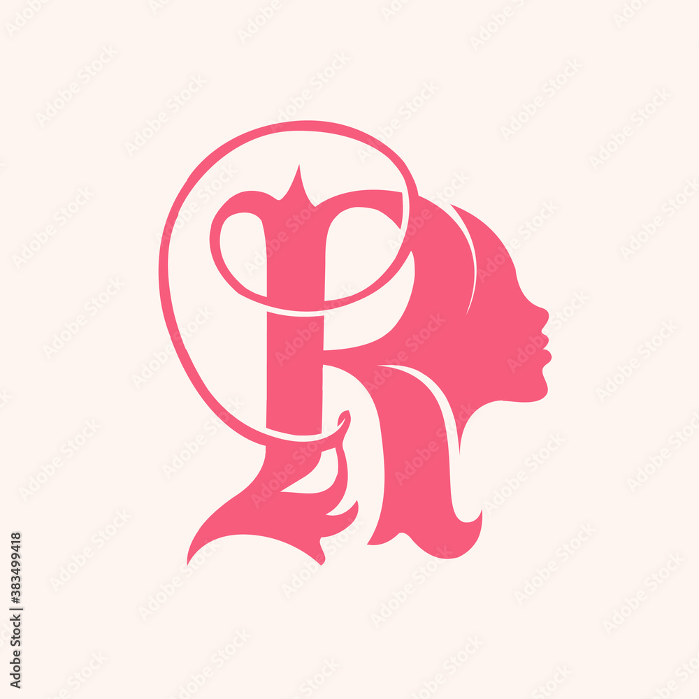 Letter R logo with beautiful woman portrait.Beauty studio and hairstyle ...