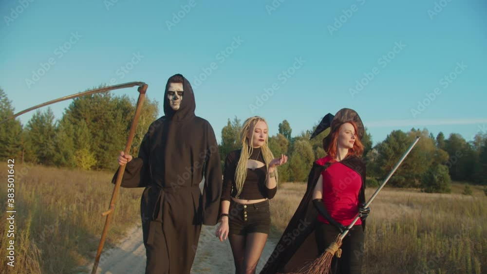 Fiend creatures, scary grim reaper with scythe, bloodthirsty female ...
